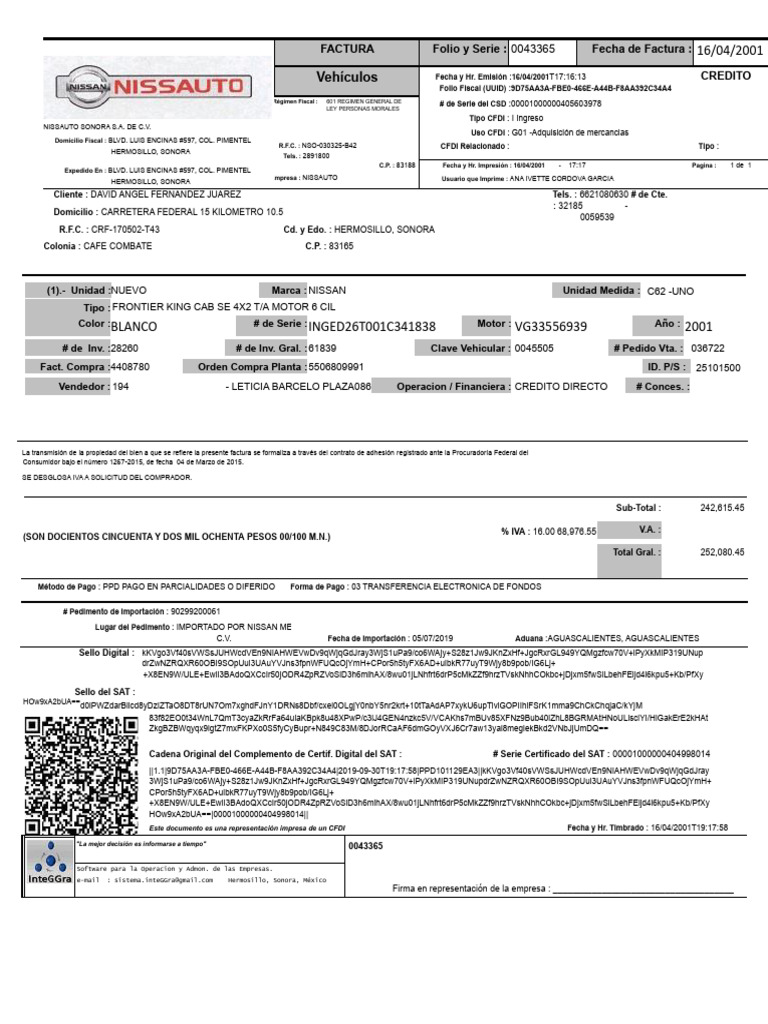 2001 Nissan Frontier Invoice Details | PDF
