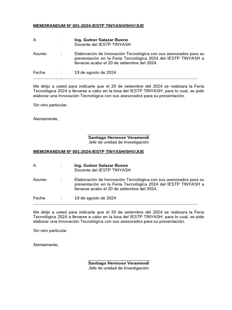 Memorandum Modelo Formato Iiee (1) (Ermc) | PDF