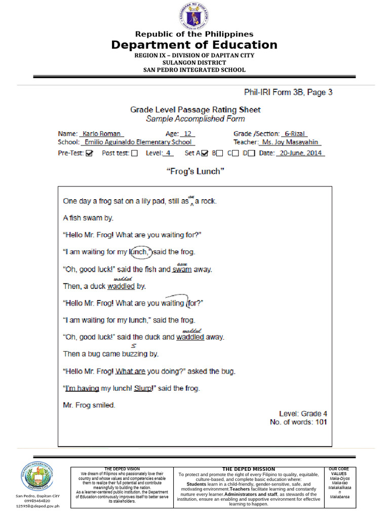 FORM 3B Grade Level Passage Rating Sheet | PDF