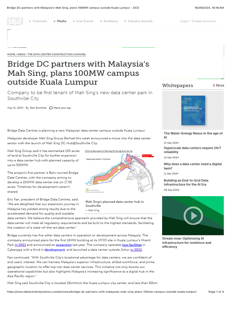 Bridge DC Partners With Malaysia's Mah Sing, Plans 100MW Campus Outside Kuala Lumpur - DCD | PDF