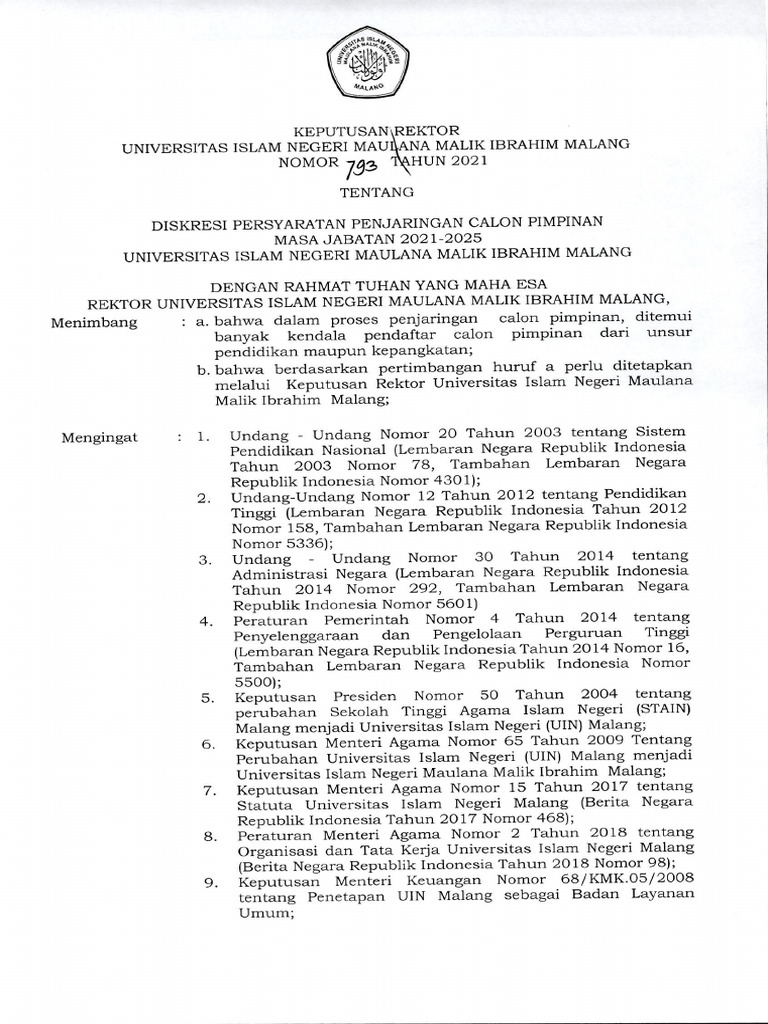 No. 793 Tahun 2021 - Diskresi Persyaratan Penjaringan Calon Pimpinan ...