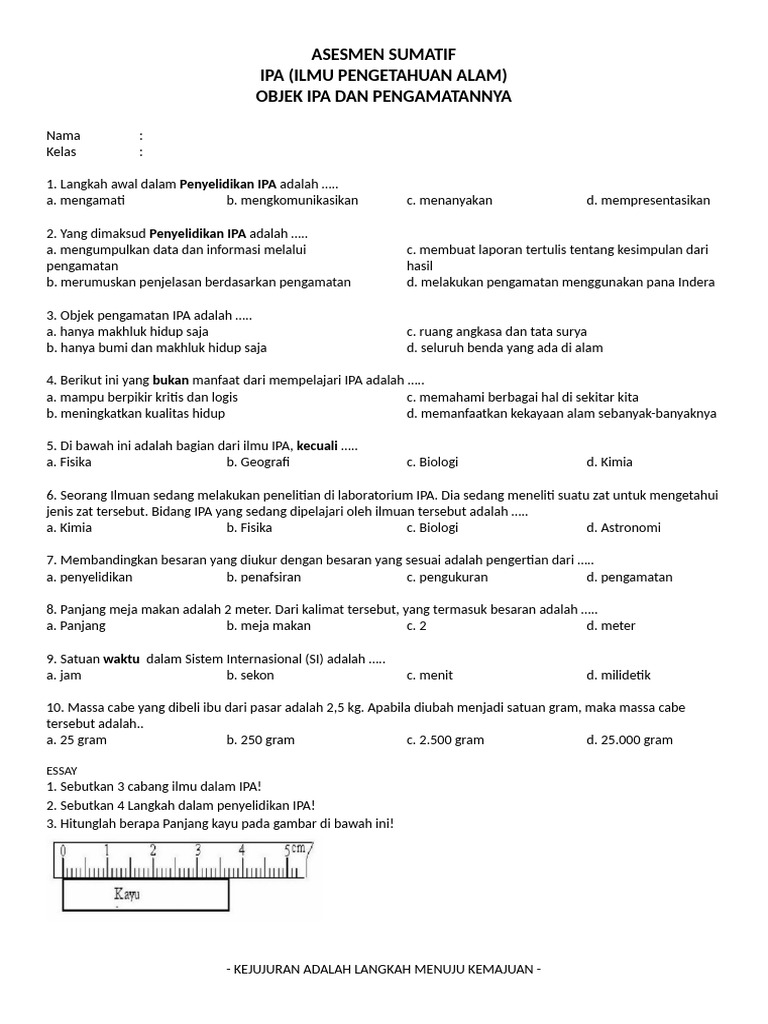 Asesmen Sumatif Ipa Kelas 7 Bab I Ipa Dan Objek Pengamatannya | PDF