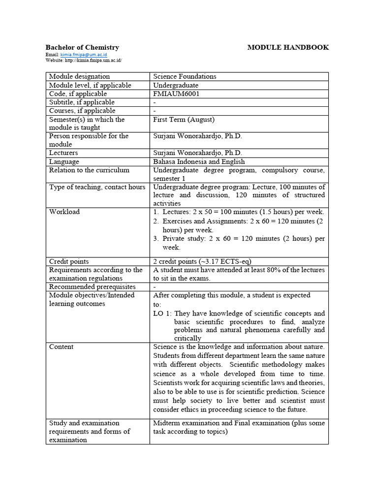 Module Handbook - Bachelor of Chem - FMIAUM6001 - Science Foundations | PDF