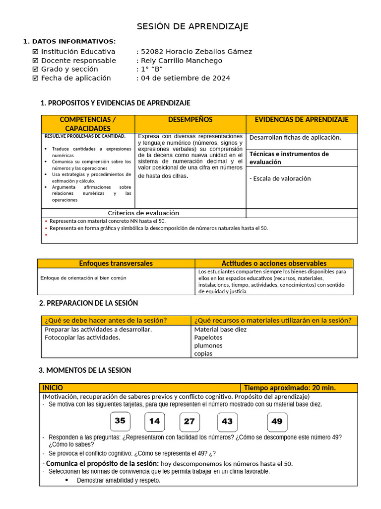 SESION DE APRENDIZAJE MATEMATICA DESCOMPONEMOS NUMEROS HASTA NN Hasta 50 | PDF