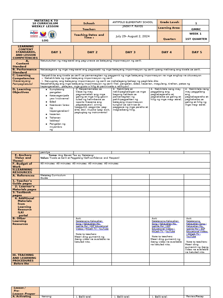 GMRC Week 1 Lesson Plan Overview | PDF