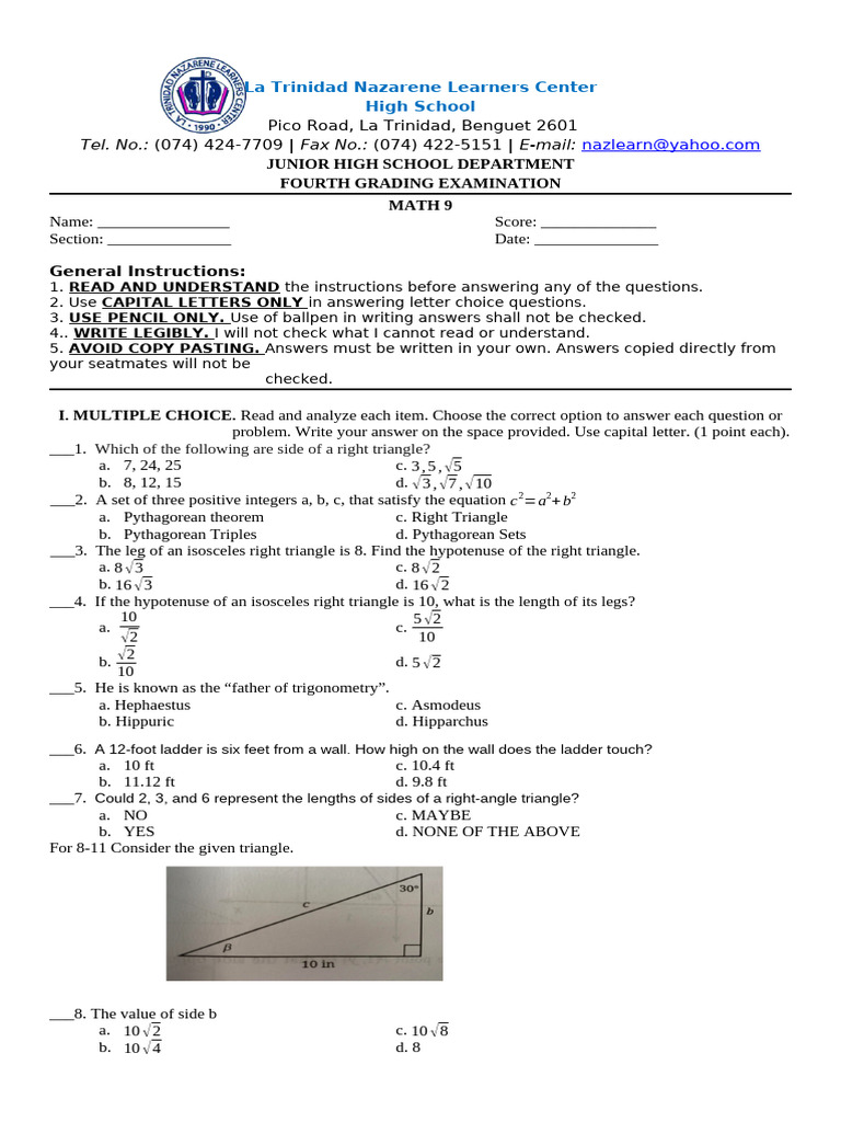G9 (MATH) - 4rd-Quarter-Examinination-1 | PDF