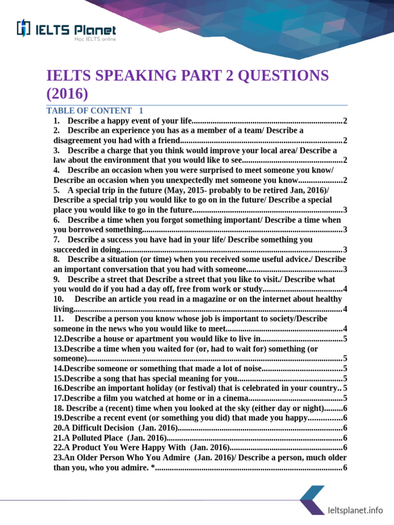 IELTS Speaking Questions Task 2 2016 | PDF