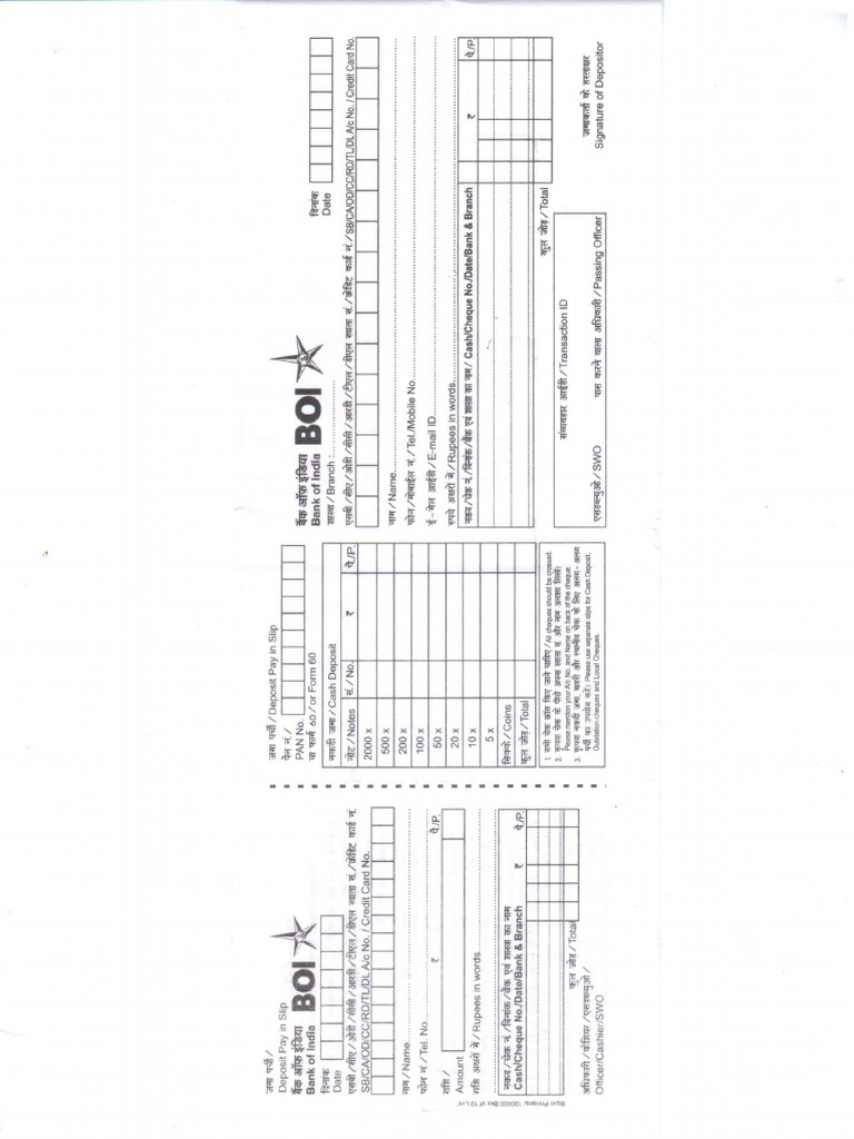 Bank of India Cash and Cheque Deposit Slip English | PDF