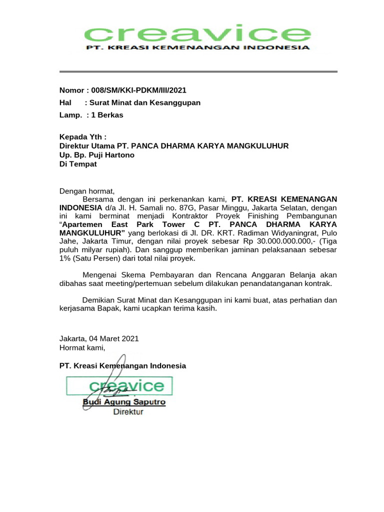 Surat Minat KKM-PDKM East Park Tower | PDF