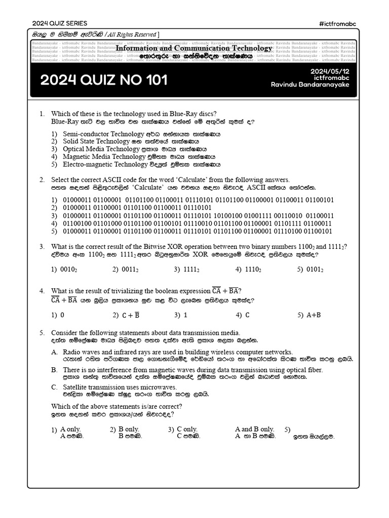 2024 Quiz 101 | PDF | Computing | Computer Programming