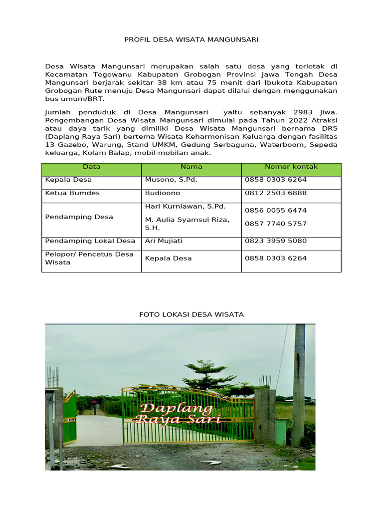 Format Profil Singkat Desa Wisata | PDF
