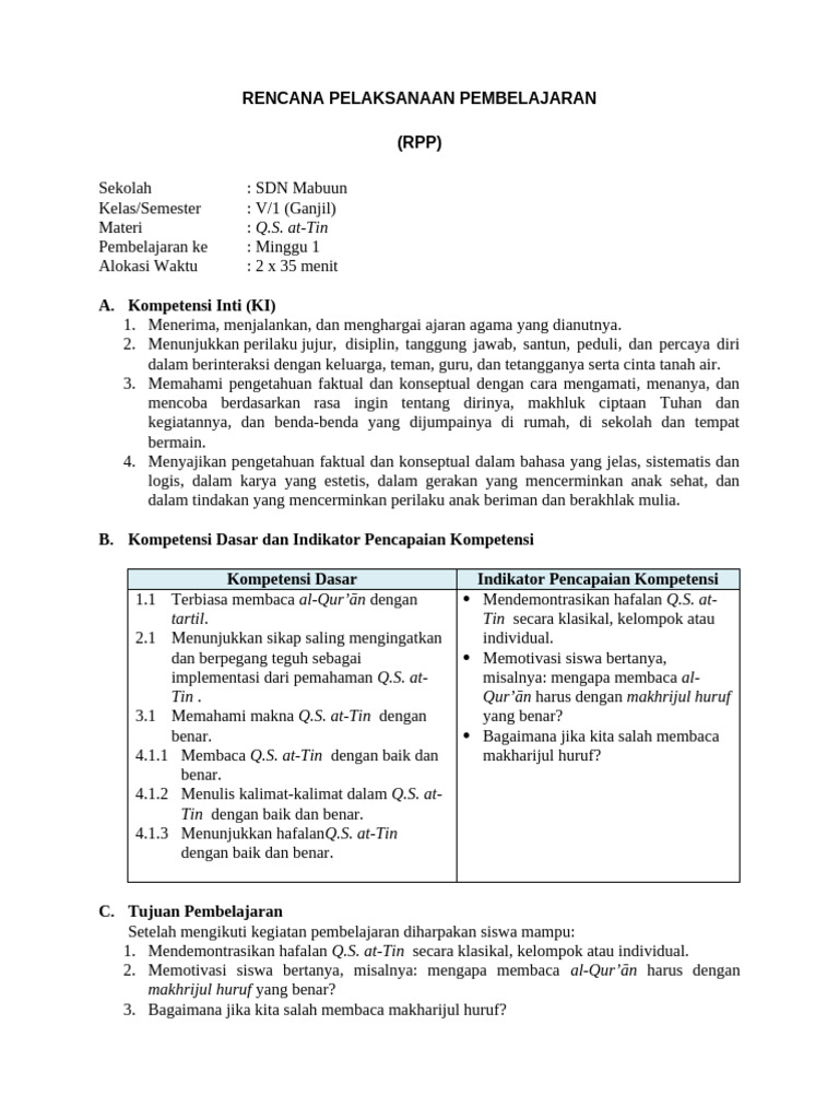 RPP PAI-BP 2017 Kelas 5-1.2. Menghafal QS At-Tin | PDF