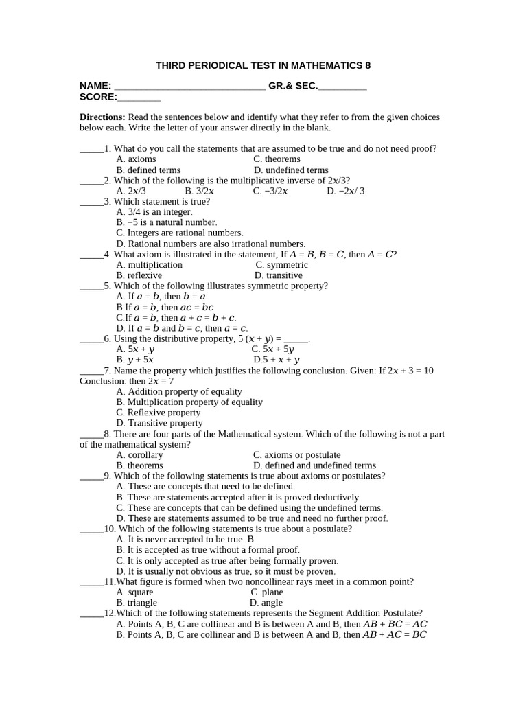 Third Periodical Test in Mathematics 8 | PDF
