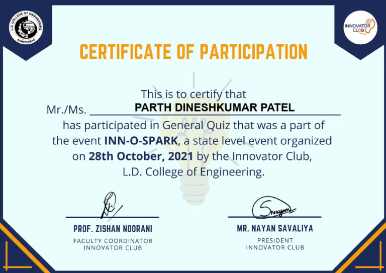 Inn-O-Spark Certificate General Quiz Parth | PDF