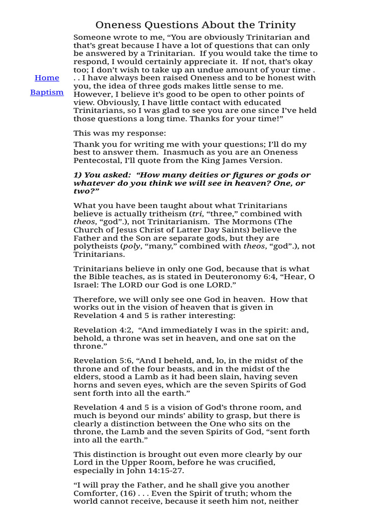 Oneness Questions About the Trinity | PDF