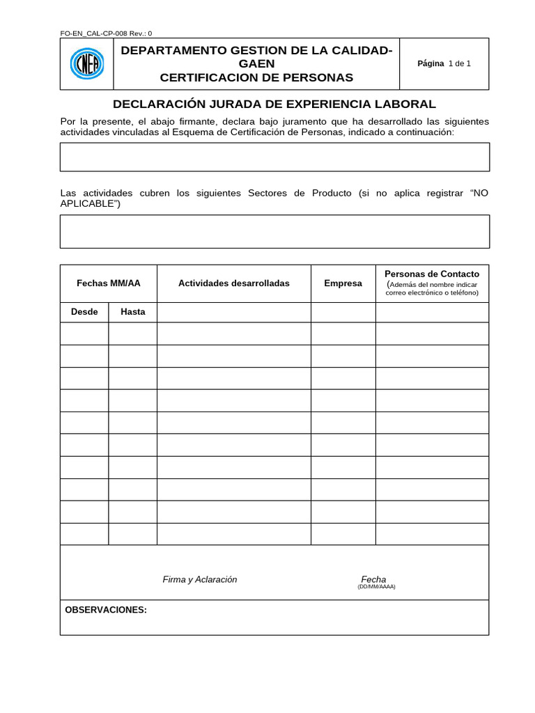 fo-en_cal-cp-008_declaracion_jurada_de_experiencia_laboral | PDF