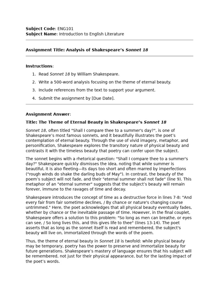 Assignment - Analysis of Shakespeare's Sonnet 18 | PDF