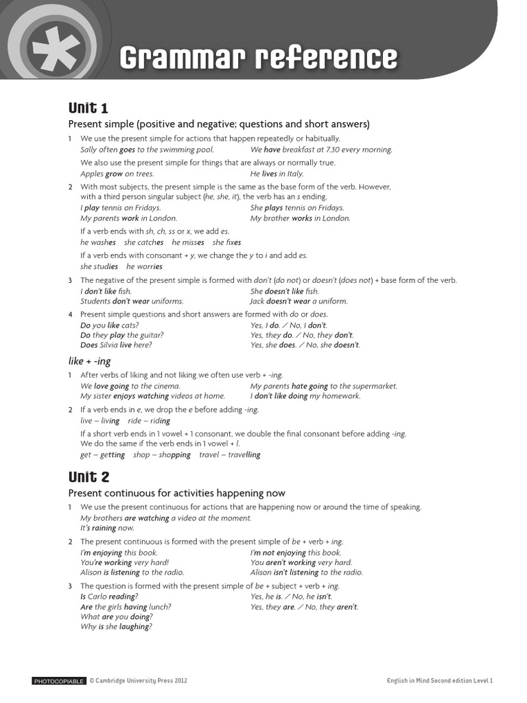 THINK 1 Grammar Reference | PDF | Verb | Plural