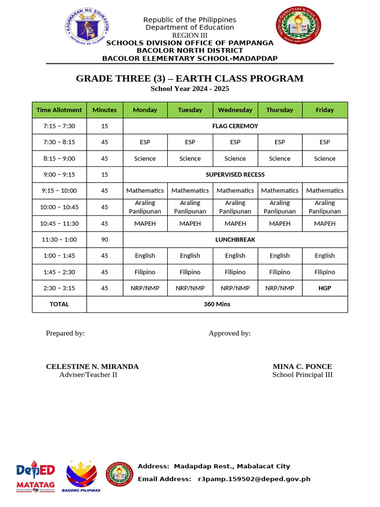 Grade 3 Class Program 2024-2025 | PDF