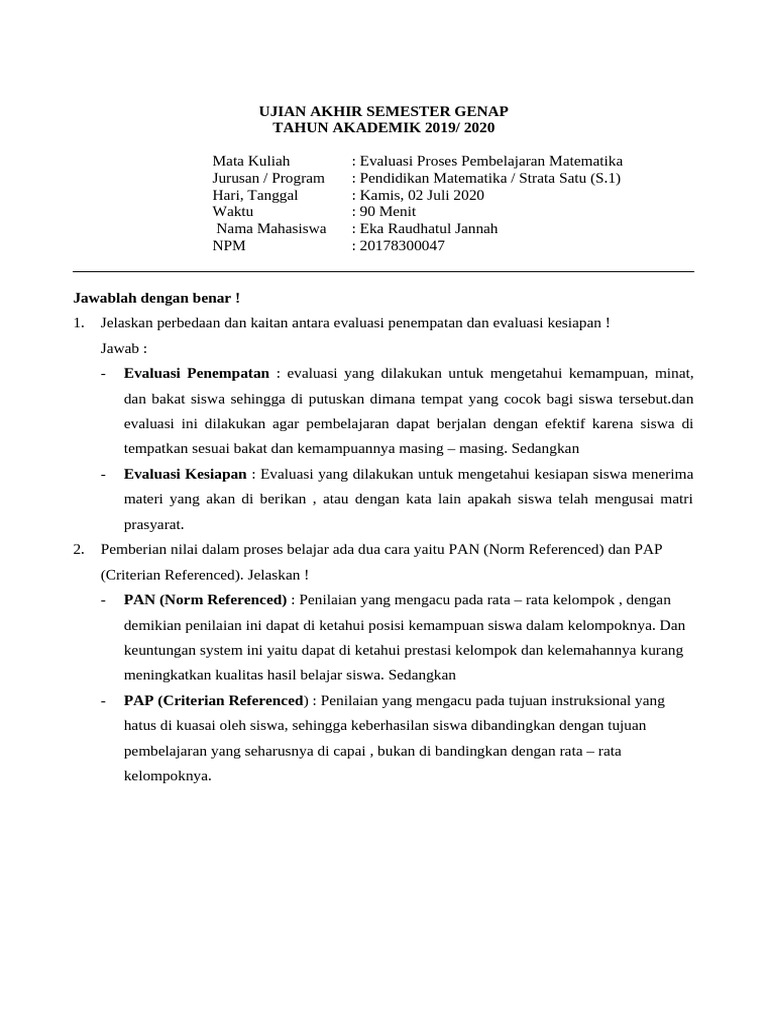 Soal Uas Evaluasi Proses Pemb Mat | PDF