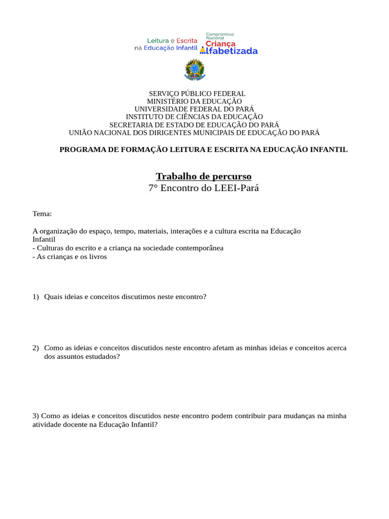 Trabalho de Percurso - 7° Encontro LEEI-Pará | PDF