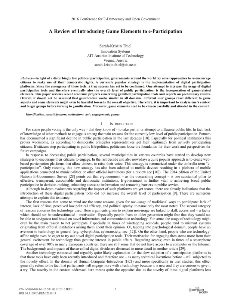 A Review of Introducing Game Elements To E-Participation | PDF