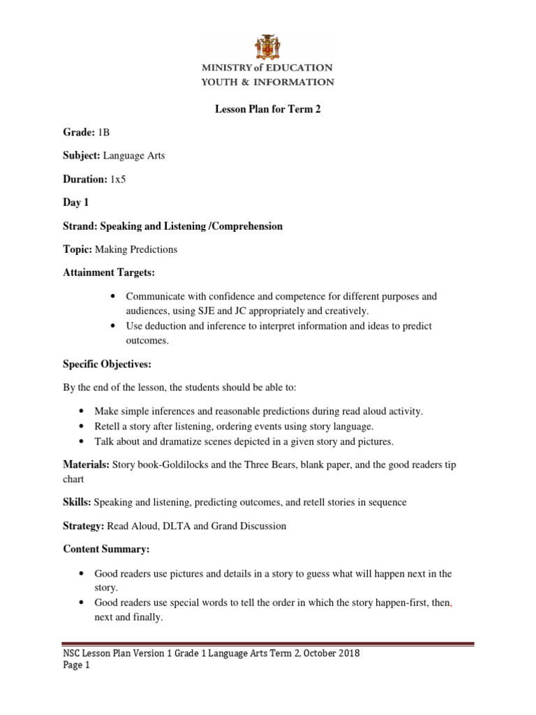 Grade 1 Lesson Plan Language Arts | PDF