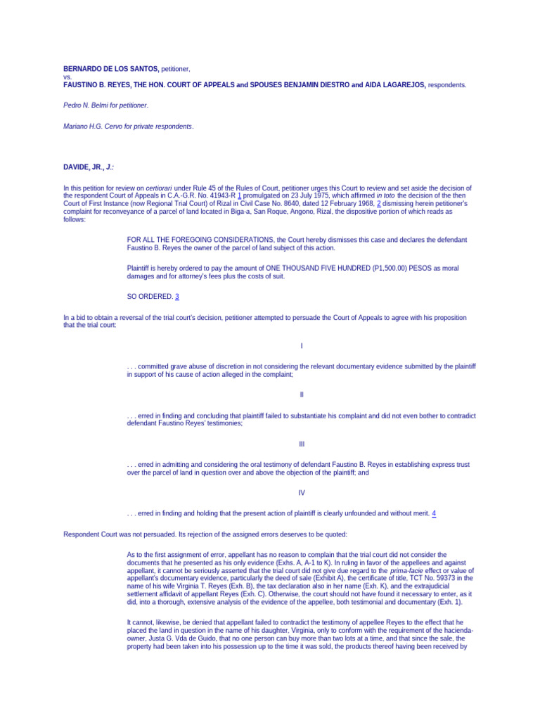 Bernardo Delos Santos Vs Faustino Reyes | PDF