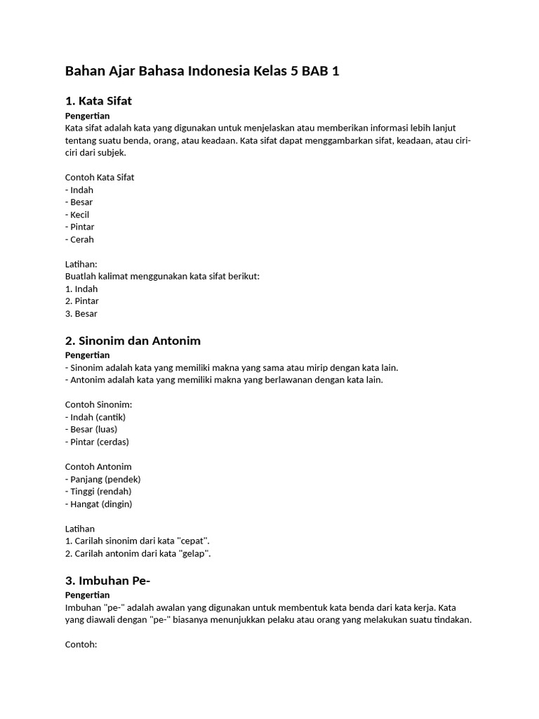 Bahan Ajar Bahasa Indonesia Kelas 5 BAB 1 | PDF