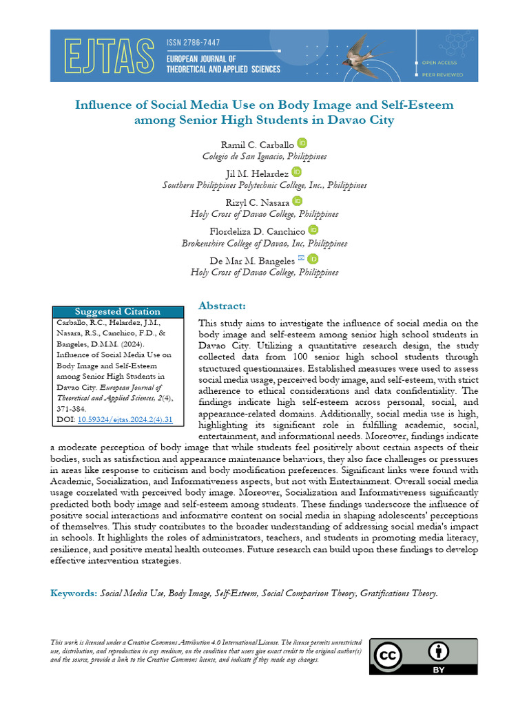 Influence of Social Media Use On Body Image and Se | PDF | Self Esteem | Body Image