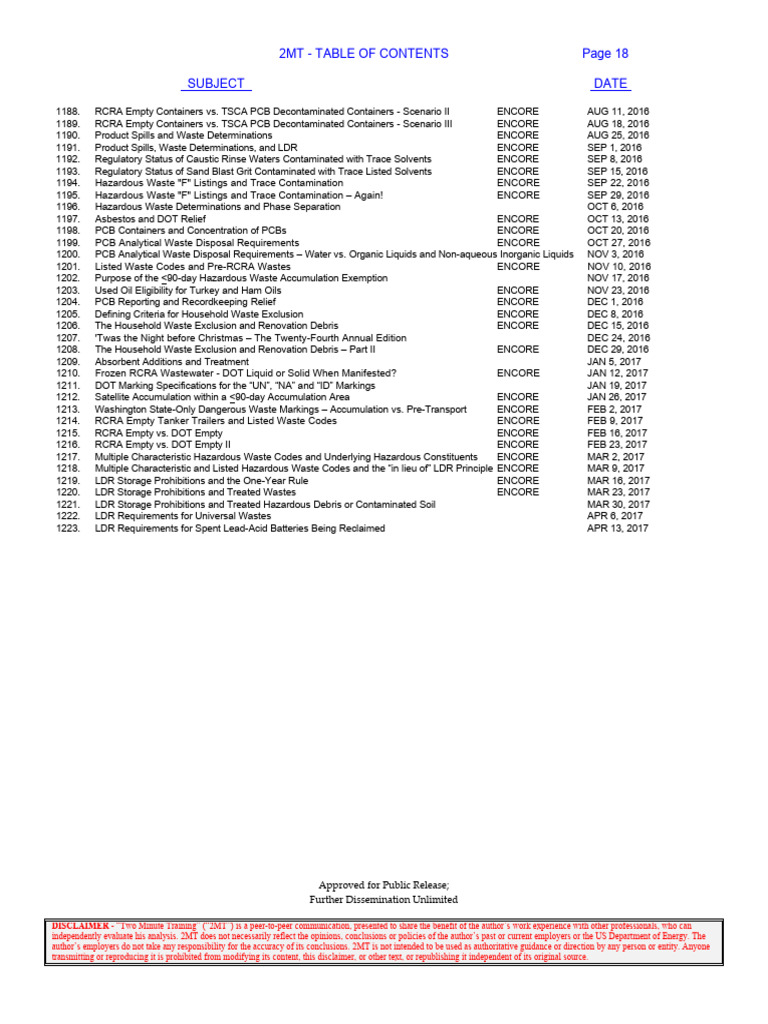 2Mt - Table of Contents Subject Date: Approved For Public Release ...