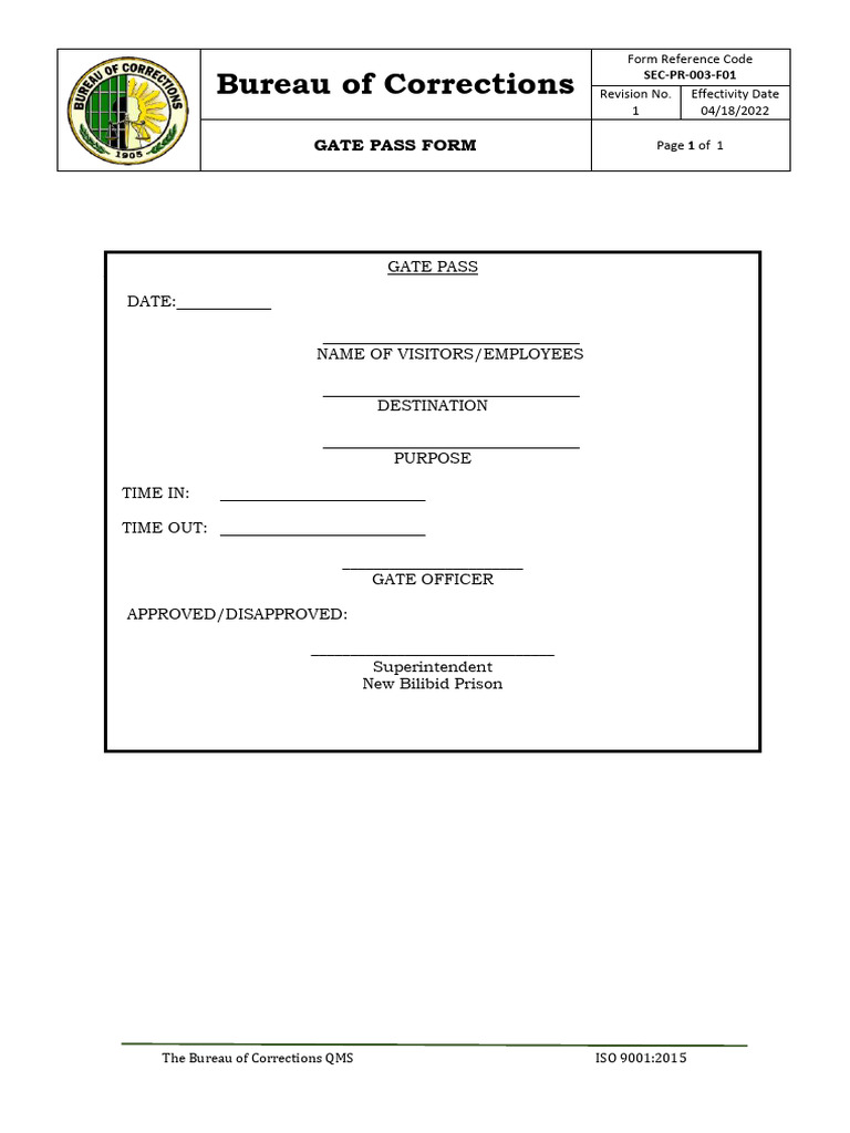 SEC-PR-003-F01 Gate Pass Form Rev. 1 | PDF
