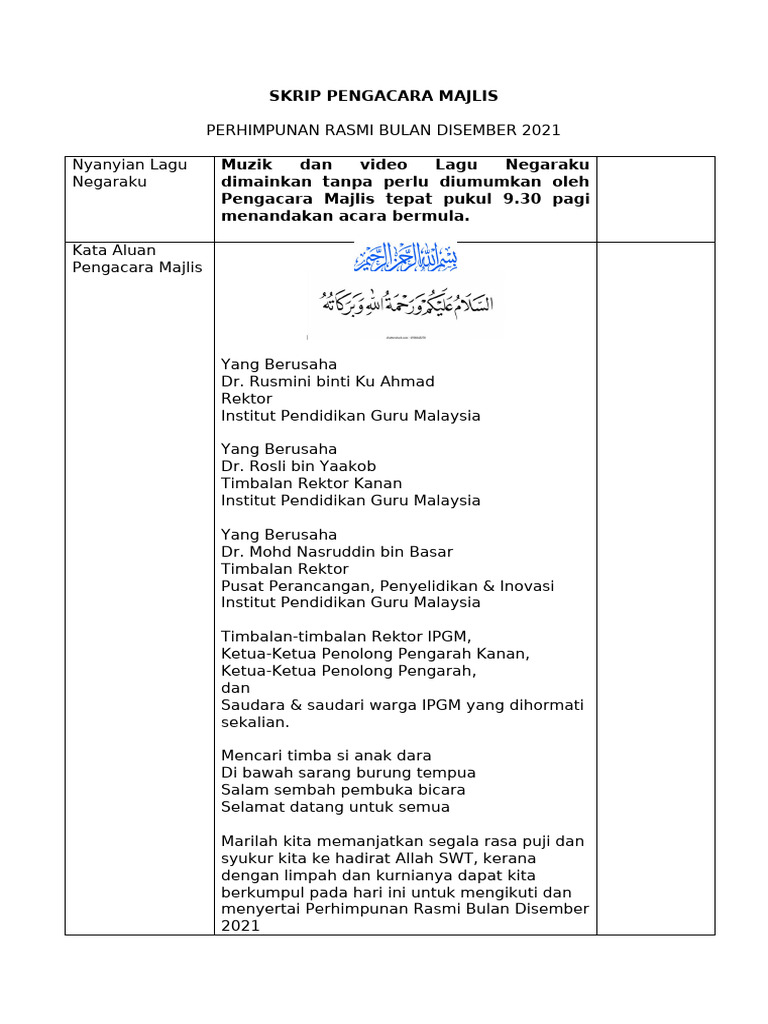 Skrip Pengacara Majlis Perhimpunan | PDF