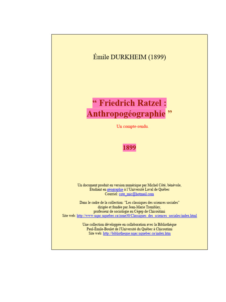 Emile Durkheim - Friedrich Ratzel Anthropogéographie | PDF