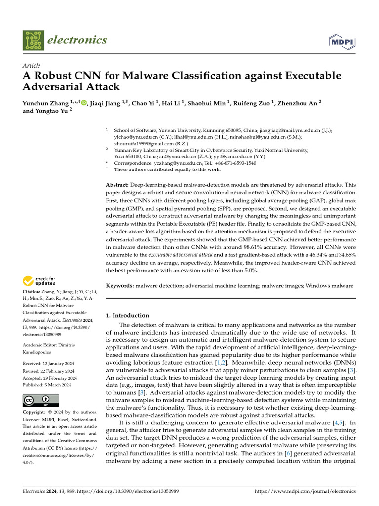A Robust CNN For Malware Classification Against Executable Adversarial Attack | PDF