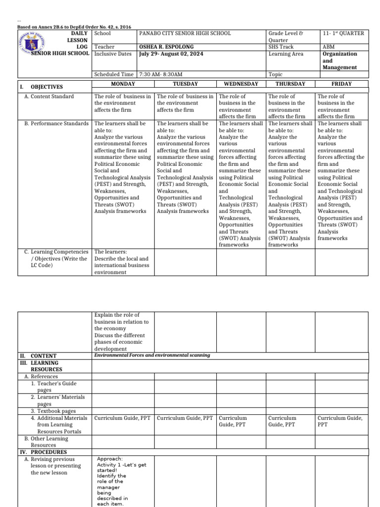 Daily Lesson Log: Org & Management | PDF | Swot Analysis | Career & Growth