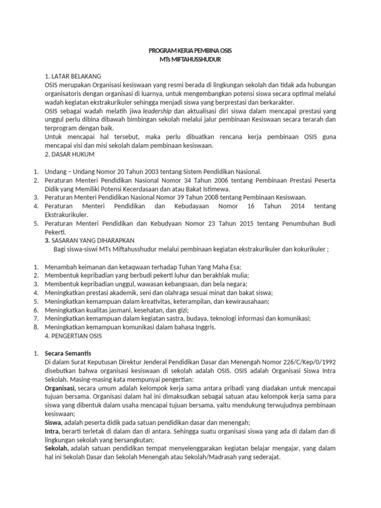 PROGRAM KERJA PEMBINA OSIS MTs MIFTAHUSSHUDUR | PDF