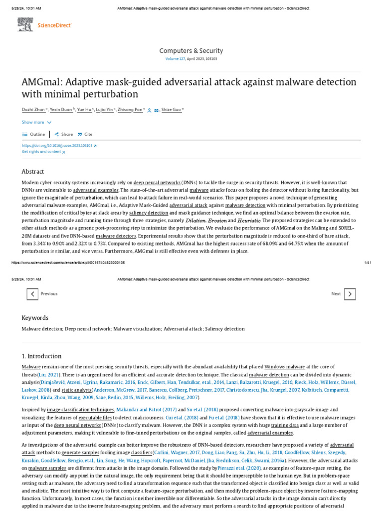 AMGmal - Adaptive Mask-Guided Adversarial Attack Against Malware Detection With Minimal ...
