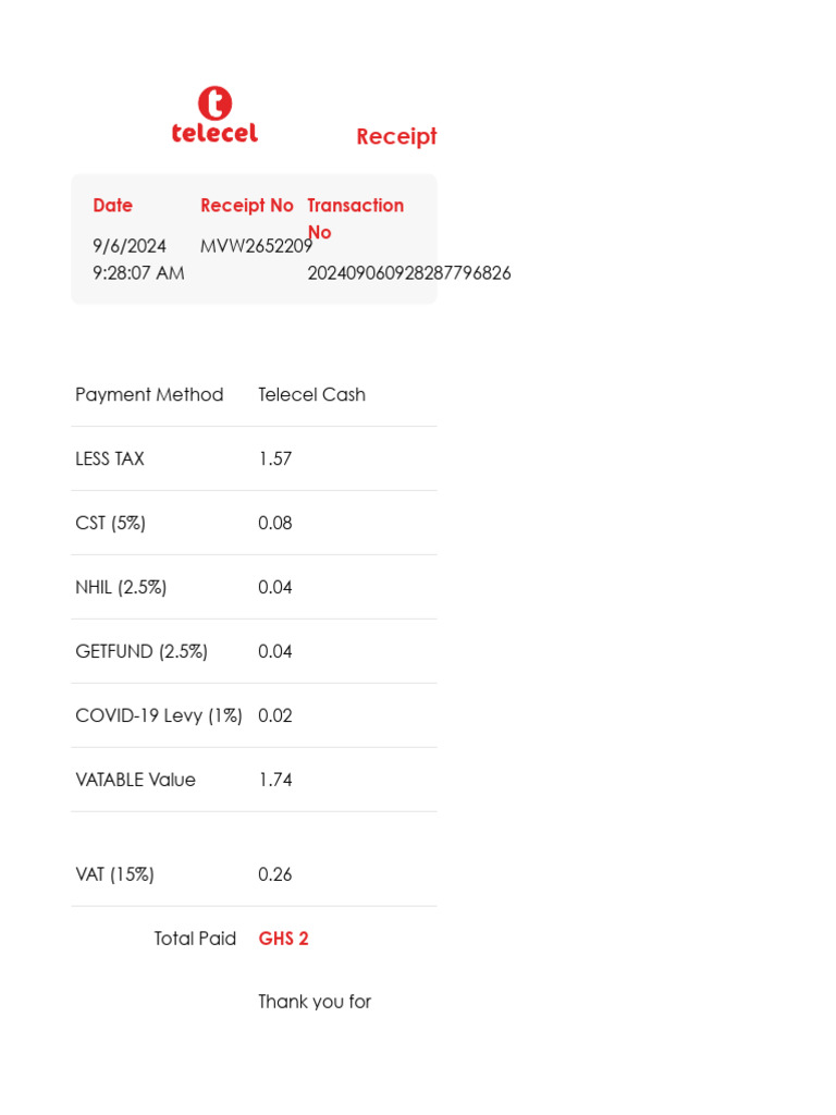 Telecel Ghana Receipt Details | PDF
