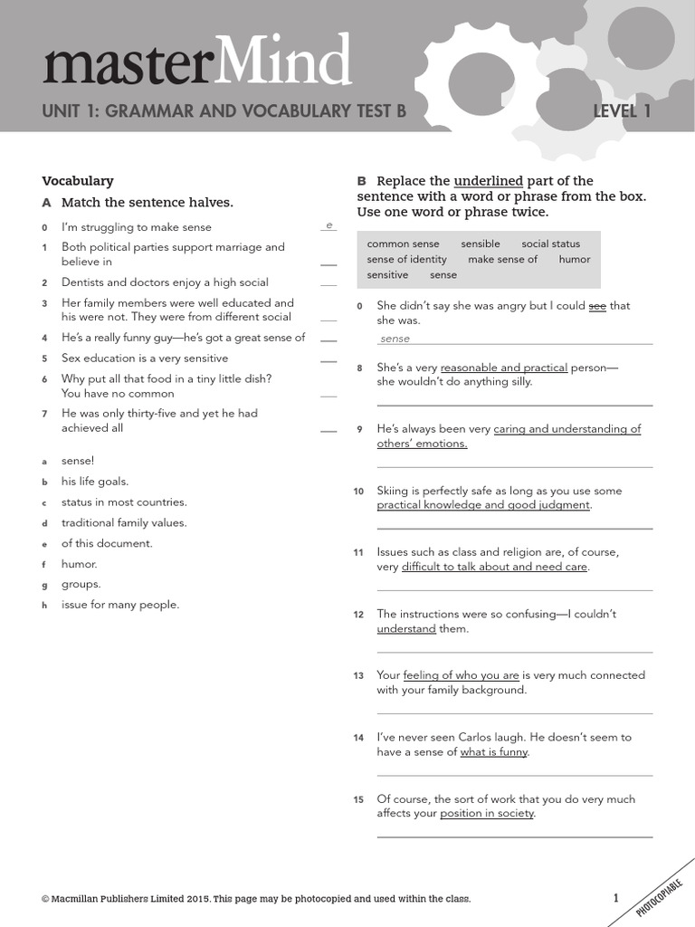 masterMind 1 Unit 1 grammar and vocabulary test B | PDF
