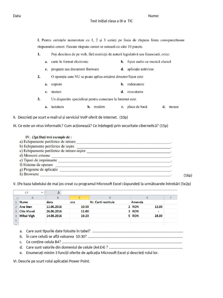 Test Inițial Clasa A IX | PDF
