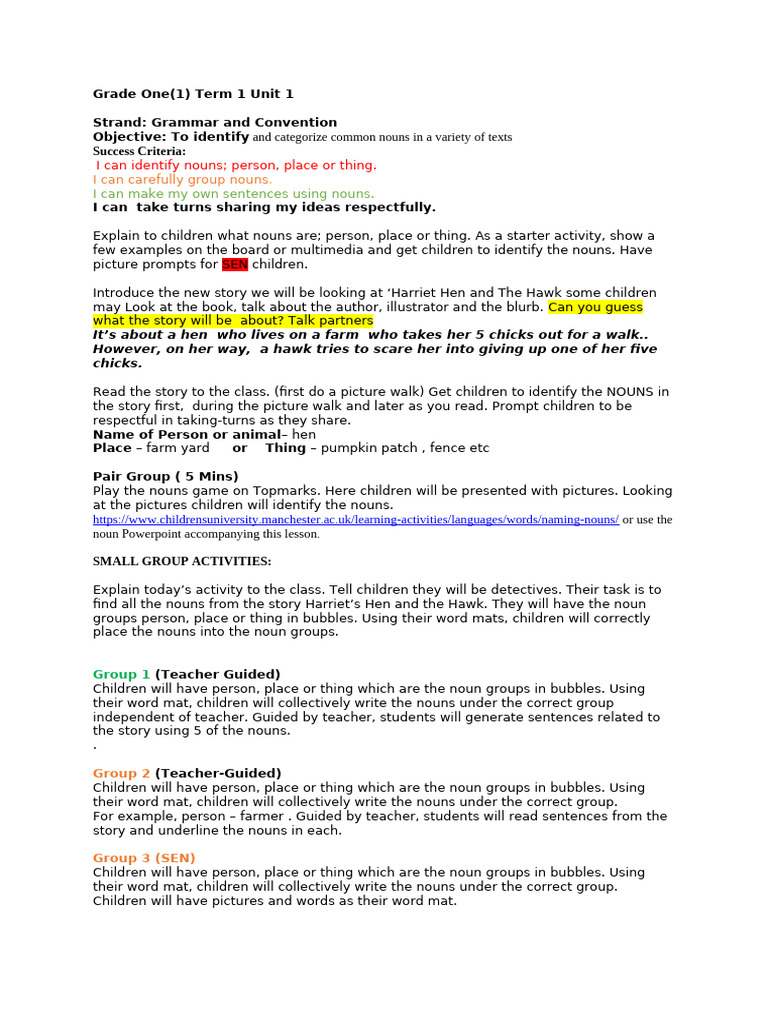 Grade One Term 1 Lesson Plans Samples | PDF