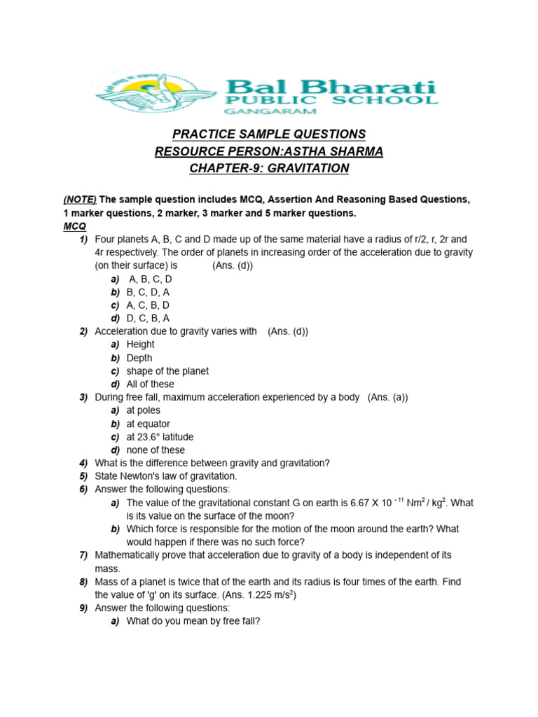 Chapter-9 (Gravitation) Practice Sample Questions | PDF