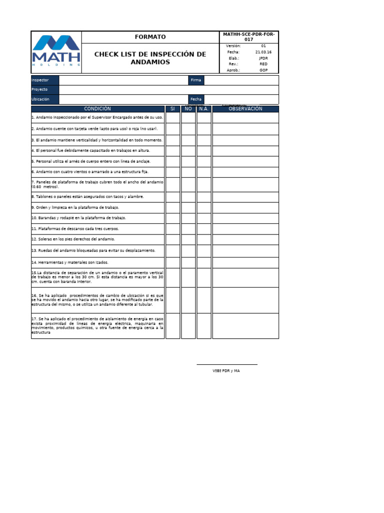 MATHH-SCE-PDR-FOR-017.Ver.01 Check List de Inspección de Andamios | PDF