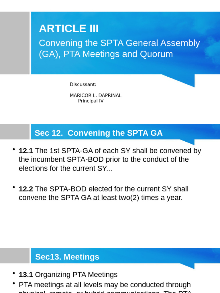 Article III Convening The SPTA GA, PTA Meetings & Quorum | PDF