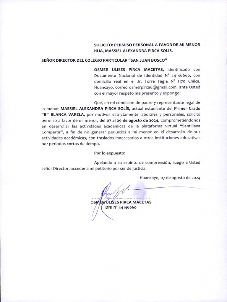Solicitto Permiso Personal A Favor de Massiel Alexandra Pirca Solis | PDF