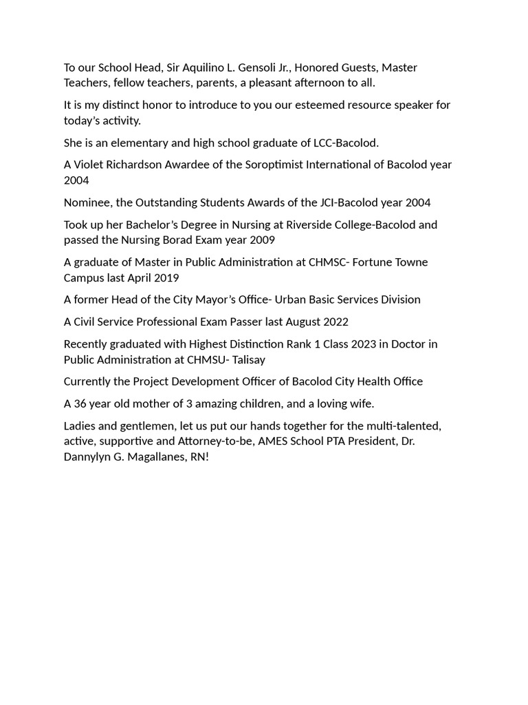 Script - Presentation of Resource Speaker | PDF