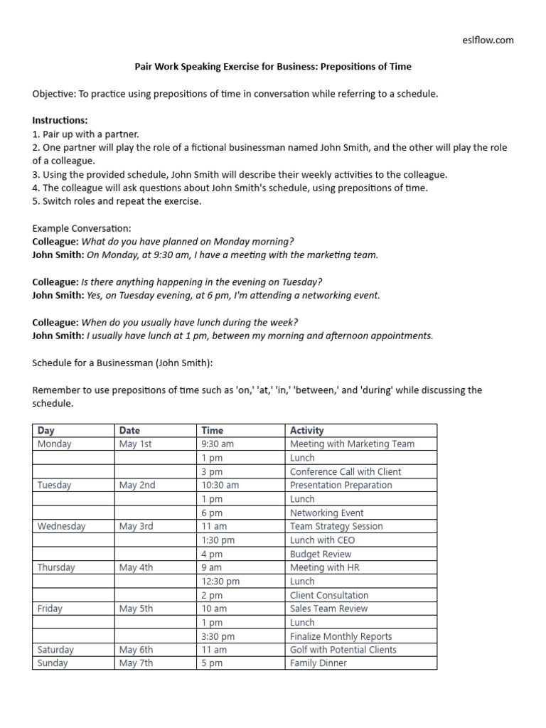 Business Prepositions of Time Pairwork Speaking Exercise | PDF