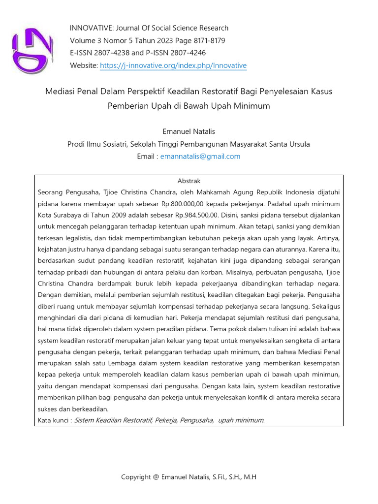 Mediasi Penal Dalam Perspektif Keadilan Restoratif Bagi Penyelesaian Kasus Pemberian Upah Di ...