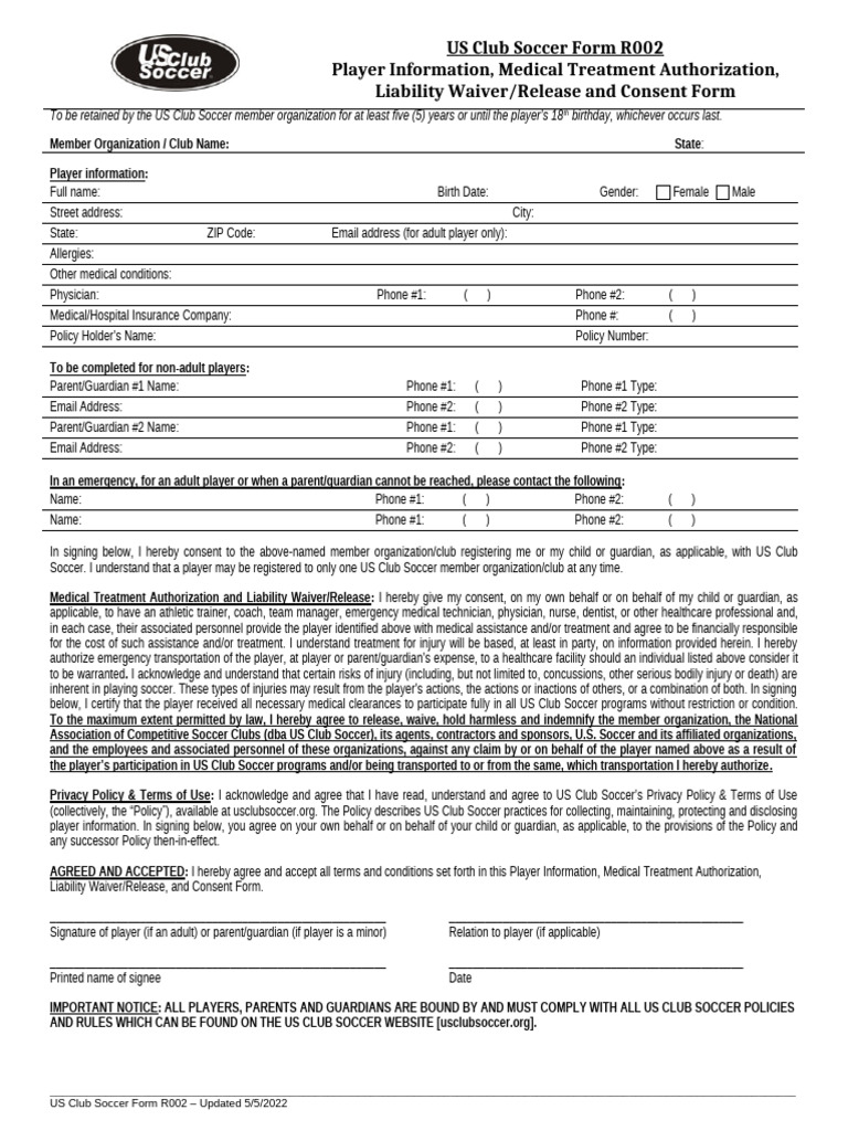 R002 Youth Player Registration Form English | PDF